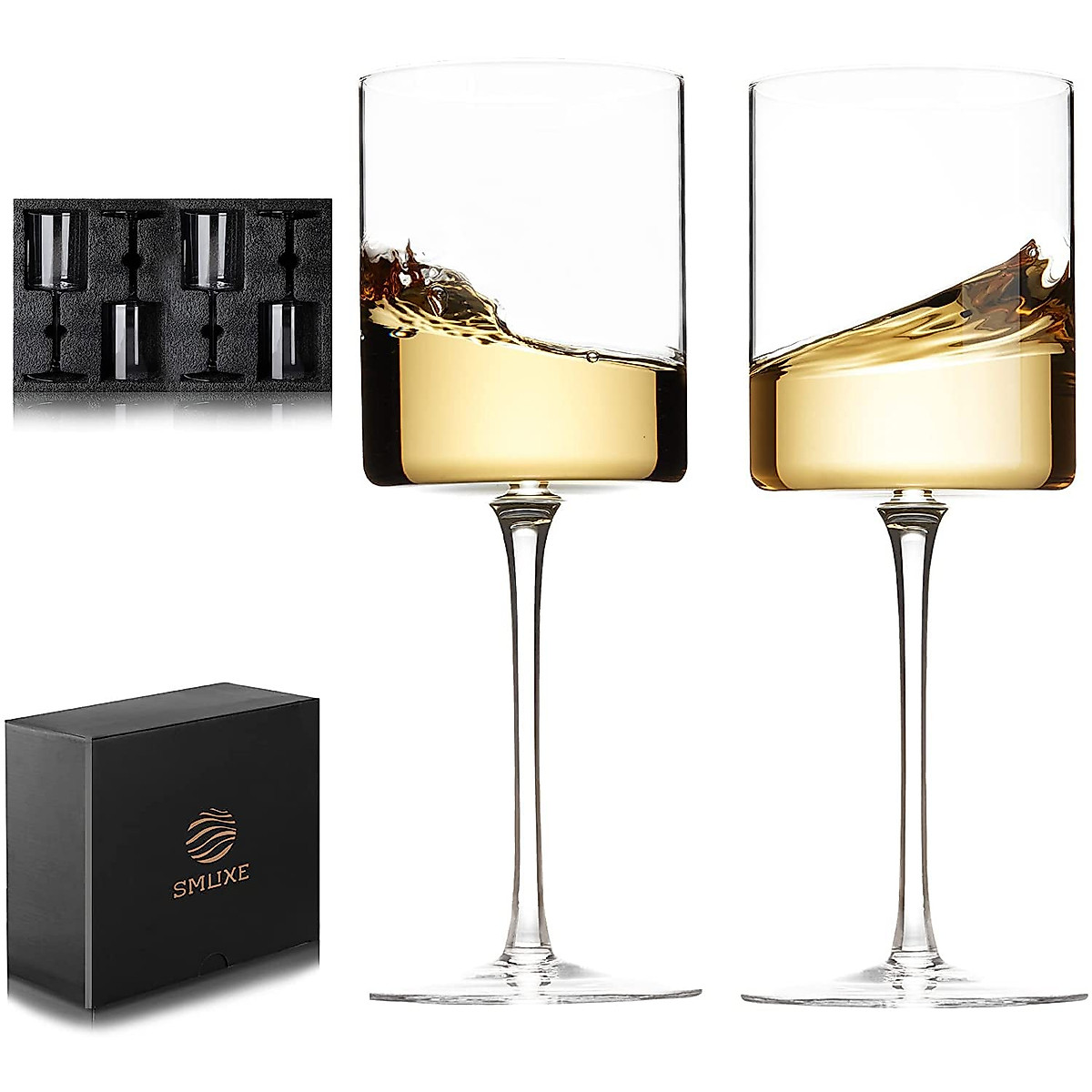 Crystal Square Wine Glasses Set Of 4-14 oz Stemware - Hand Blown Edge Wine Glasses- Red and White Wine Glasses With Stem - Premium Clear Drinkware Glassware