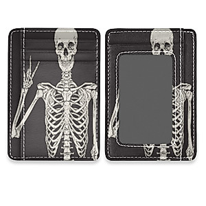 Linomo Thin leather Card Holder and Money Clip Funny Skeleton Wallet RFID Blocking for Men & Women