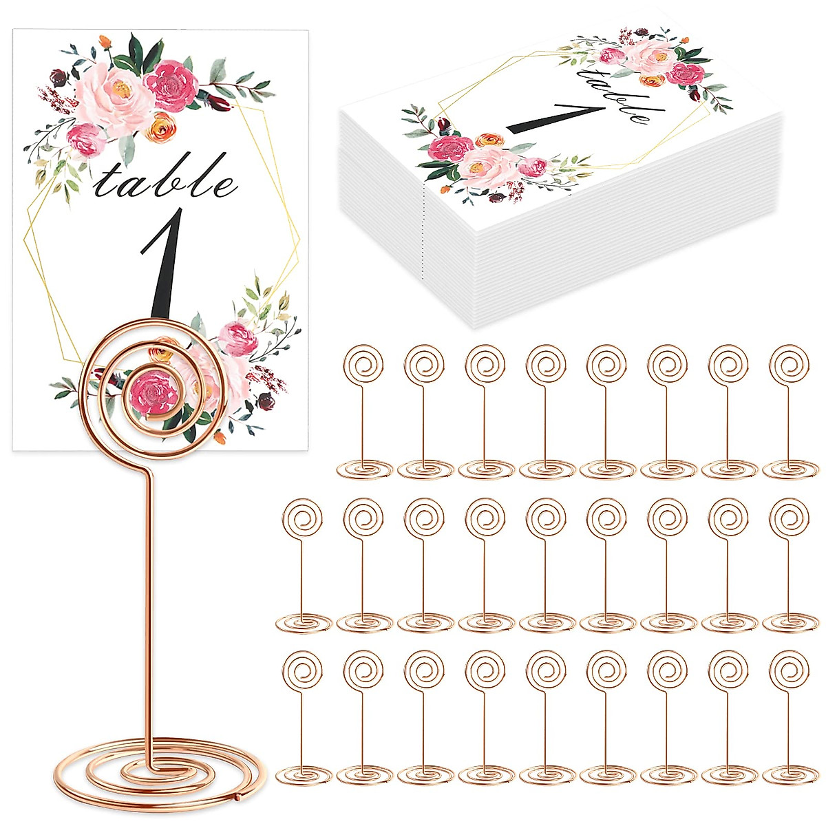 26 PCS Table Number Holder - Table Card Holder Stand Wire Photo Holder with 26 Pcs Floral Table Number Cards, Place Card Holder Stand for Weddings Party Office Paper Memo Menu Note Clips