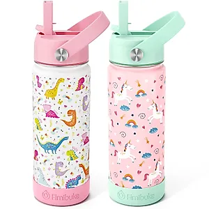 Fimibuke Kids Insulated Water Bottle - 18oz BPA-FREE Kid Cup with Straw Double Wall Vacuum Tumbler 18/8 Stainless Steel Leak Proof Toddler Water Bottle for School Boys Girls (2 Pack, Unicorn/Dinosaur)