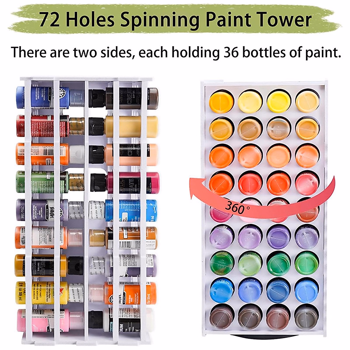Paint Organizer - Paint Brush Holder | Paint Holder for Acrylic Painting | 72 Holes Paint Rack Stand | 360 Degree Rotating Vertical Paint Rack Stand Paint Holder Rack 2oz Paint Bottle Organizer