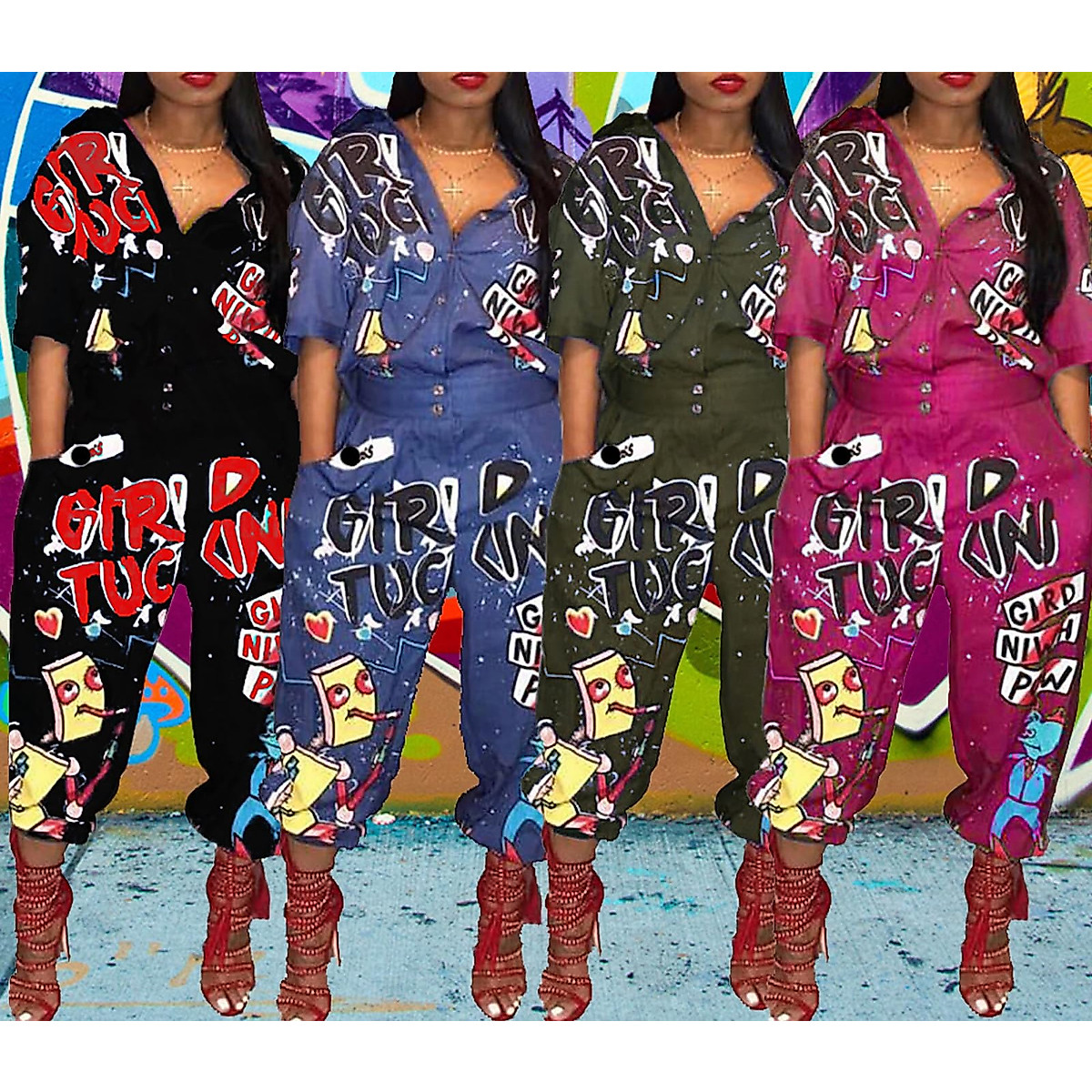 LKOUS Women's Casual Cartoon Printing Short Sleeve High Waist One-piece Button PlaySuit JumpSuit Romper, Black, XX-Large