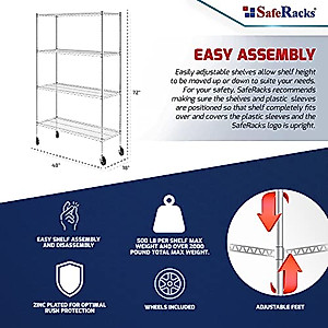 SafeRacks NSF Certified Storage Shelves, Heavy Duty Steel Wire Shelving Unit with Wheels and Adjustable Feet, Used as Pantry Shelf, Garage or Bakers Rack Kitchen Shelving - (18"x48"x72" 4-Tier)