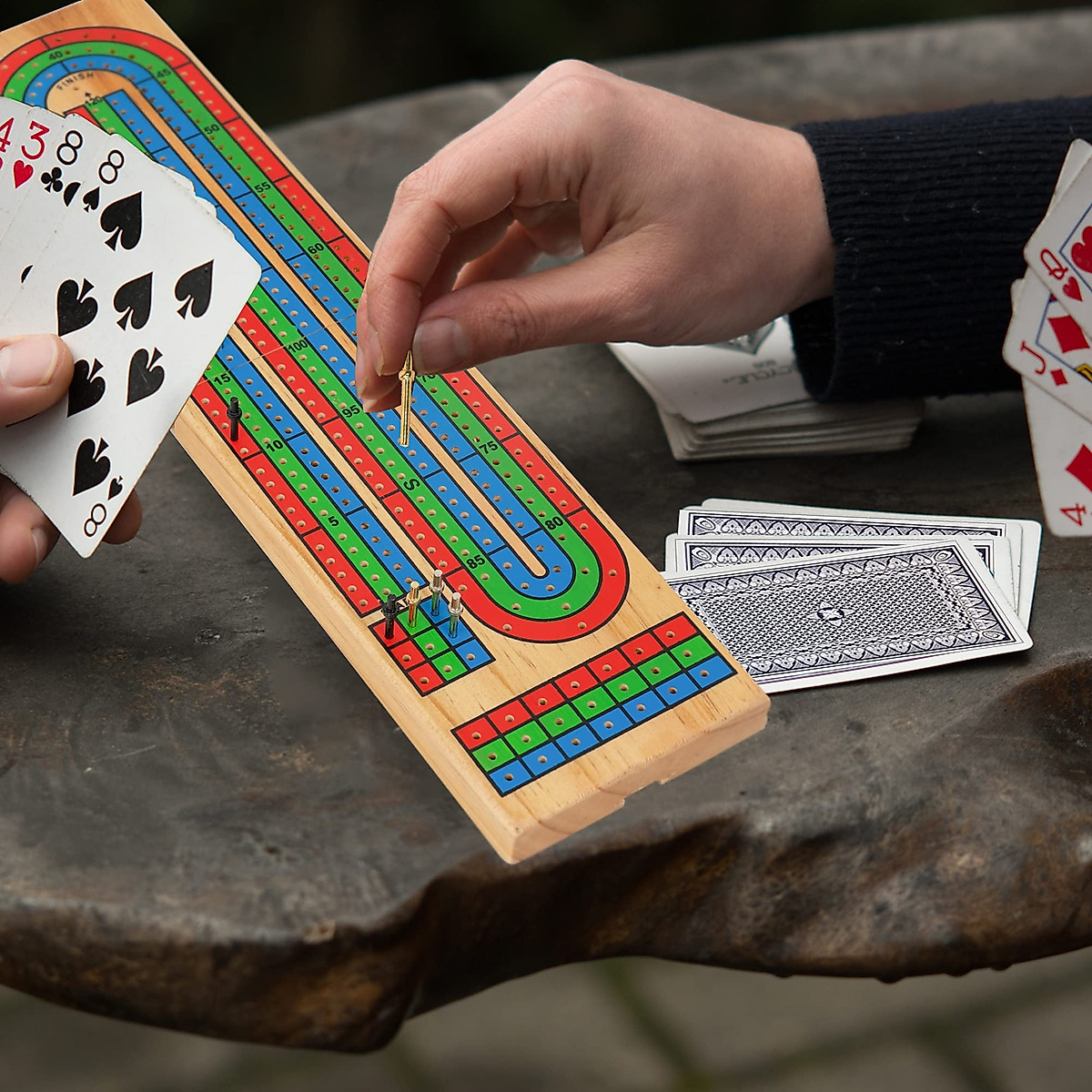 FUNPENY Traditional Wooden Cribbage Board Game Set, 3-Track Color Coded with Metal Pegs and Deck of Playing Cards