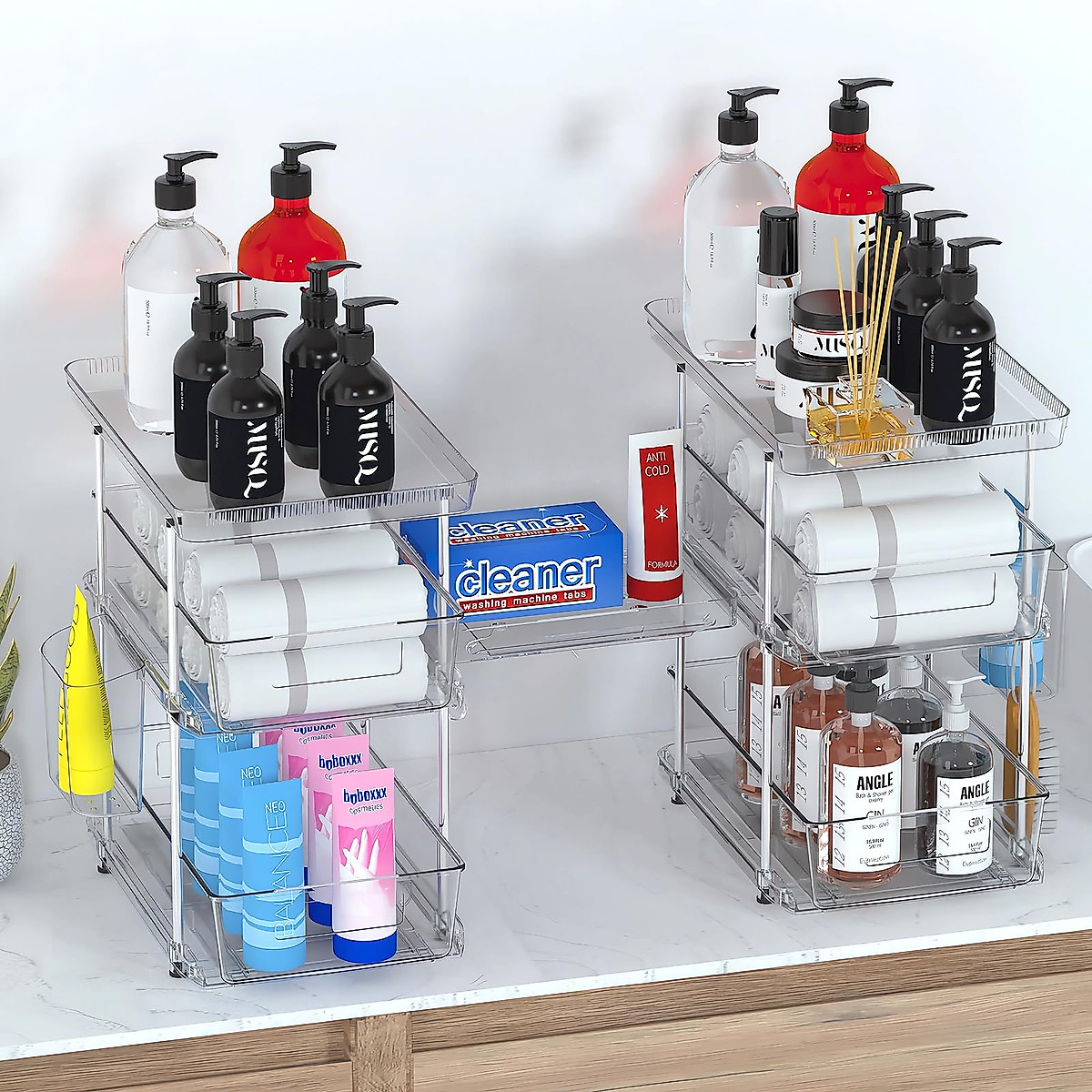 NIHEHAG Large 3 Tier Under Sink Organizers and Storage Bathroom - Multi Purpose Bathroom Cabinet Organizer,Pull Out Organizer and Storage with Dividers/Hooks,Clear Adjustable Medicine Bins (XL)