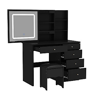 Hitow Vanity Desk Set with Sliding Lighted Mirror, Makeup Vanity with Drawer & Shelf, Dressing Table with Cushion Stool & Hidden Storage for Bedroom, Black