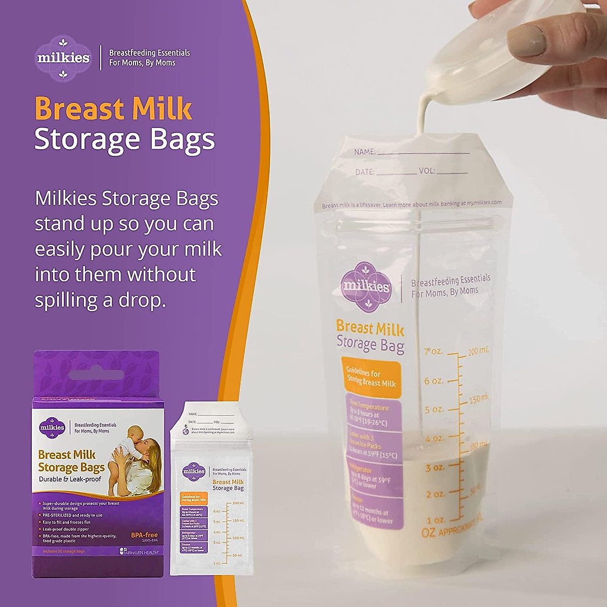 Fairhaven Health Milkies Breast Milk Storage Bags, 50 Count, Presterilized and BPA Free, No Leak and No Break, Easy to use, Freeze up to 6 Ounces