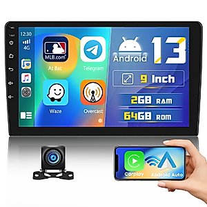2+64GB Android 13 Double Din Car Stereo Wireless Apple Carplay Android Auto 9 Inch Bluetooth Touchscreen Car Radio in Dash GPS Navigation HiFi WiFi FM Mic Backup Camera