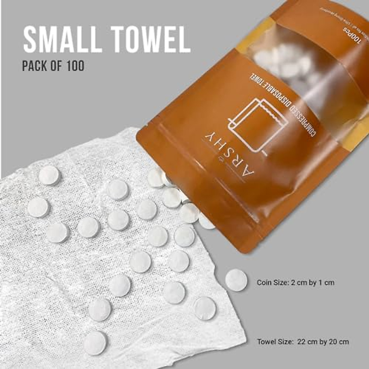 ARSHY 100 PCs Compressed Towels, Mini Tablets Disposable Portable Face Towel Cotton Coin Tissue for Travel, Camping, Hiking, Sport, Beauty Salon, Magic towel and Outdoor Activities