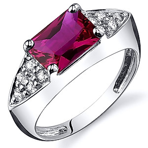 PEORA Created Ruby Statement Ring in Sterling Silver, Elegant Linear Design, 2 Carats Radiant Cut, 8x6mm, Comfort Fit, Size 8