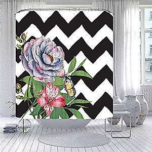 4 Pcs Floral Shower Curtain Sets with Rugs,Non-Slip Bathroom Rugs,Toilet Lid Cover and Bath Mat for Bathroom with 12Hooks,Black and White Stripes Flower Shower Curtain