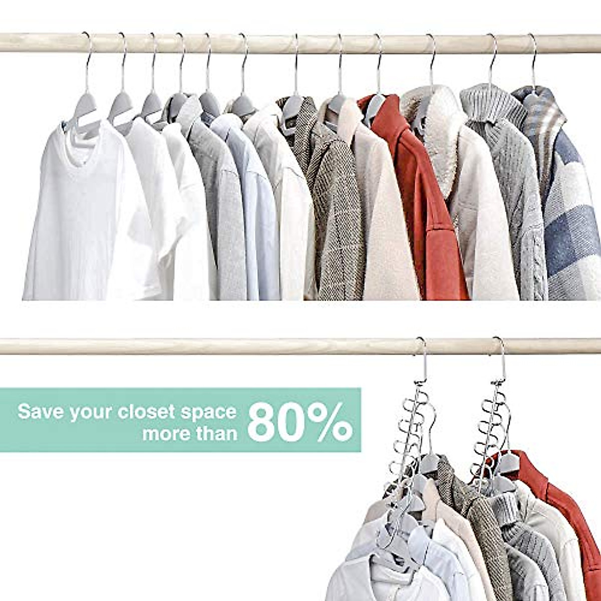 KLEVERISE 4 Pack Metal Space Saving Hangers - 12 Slots Stainless Steel Clothes Hangers Magic Cascading Hangers - Clothing Closet Space Saver Storage Organizers
