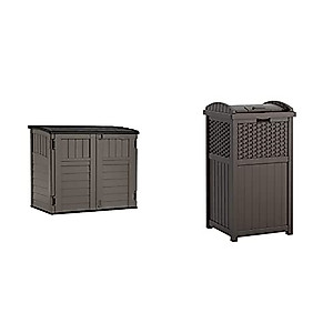 Suncast 4' x 2' Horizontal Storage Shed - Natural Wood-Like Outdoor Storage - Stoney & 33 Gallon Hideaway Can Resin Outdoor Trash with Lid Use in Backyard, Deck, or Patio, 33-Gallon, Brown