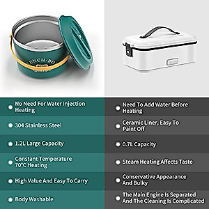 QYBEEDE Electric Lunch Box, 110v 48w 1.2L Green Cordless Lunch Box 304 Stainless Steel Portable Microwave Food Warmer Heated Lunch Box with Fork and Spoon for Home, Apartment, Office, School, Travel