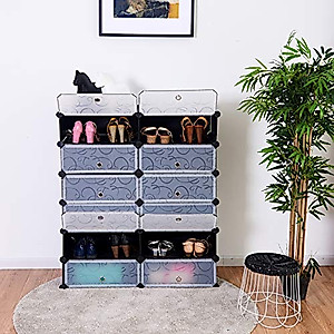 Tangkula 12-Cube Shoe Rack Organizer, DIY Cubes Storage Cabinet, Modular Plastic Shoes Cabinet with Transparent Doors, 6-Tier Portable Shoe Tower Shelf Storage Stand for 24 Pairs Shoes, Slippers