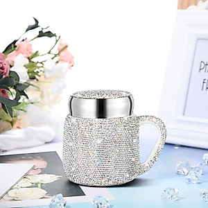 Meanplan Bling Rhinestone Coffee Mug for Christmas Gift Bling Water Bottle Rhinestone Ceramic Portable Travel Cup Crystal Coffee Cup with Lid and Handle for Women Office Home 13.5 oz (White)