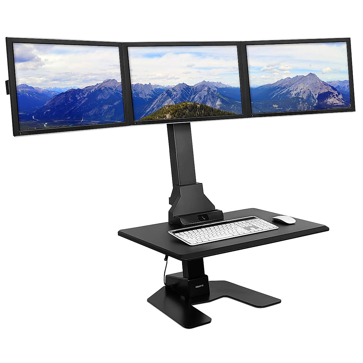 Mount-It! Triple Monitor Electric Standing Desk Converter - 3 Screens Stand Up Desk Riser - Height Adjustable Desktop & 3 Mounts for Screens up to 32", Sit-Stand Convertor for Home, Office, School