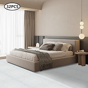 LOHISHIL 32PCS 12 * 12in Stick Floor Tile White Floor Tiles Self, Adhesive Wall Tiles Peel and Stick Floor Tiles Bathroom Floor Stickers for Kitchen, Bedroom, Hallways, Garages, Lobbies(White)