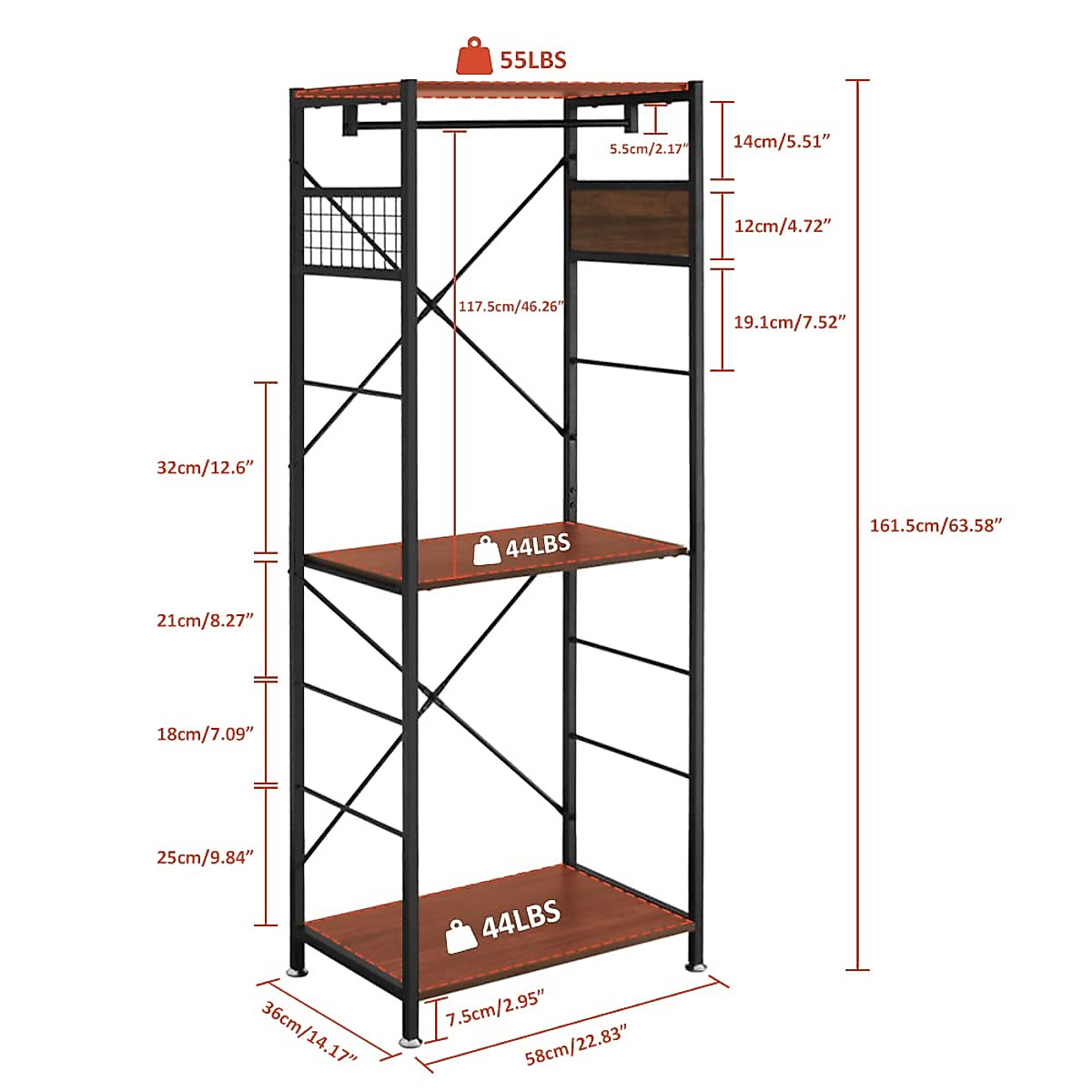 KELIXU Freestanding Coat Rack with Shoe Storage, Industrial Hall Tree Entryway Closet Organizer Shelf and Hooks, Closet Garments Shelf on Wheels for Hallway, Bedroom(Rustic Brown)
