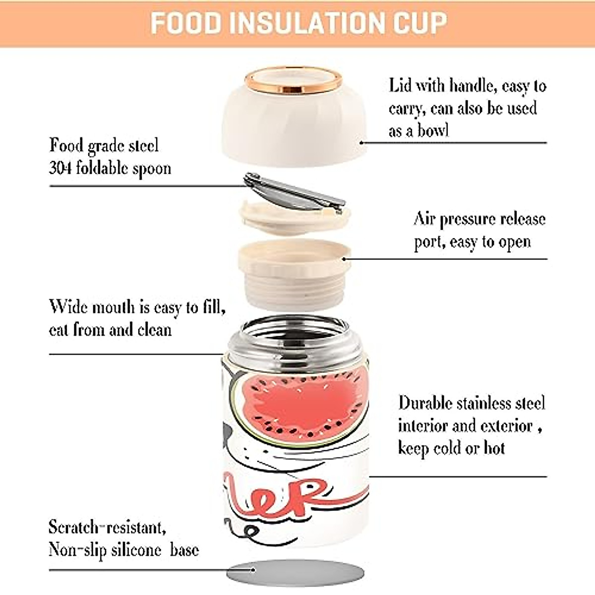 CUPADA Cat Watermelon Food Jar, Funny Summer Time Insulated Hot Food Jars Vacuum 17OZ with Folding Spoon for Work Trip Picnic Camping