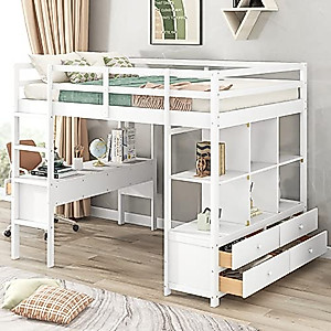 Harper & Bright Designs Full Loft Bed with Desk, Solid Wood Frame Storage Shelves and Drawers (Full Size, White), Gray(storage)