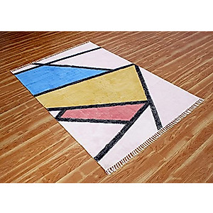 Casavani Hand Block Printed Cotton Dhurrie Geometric Pink & Yellow Area Rug Doormat Floor Rug Indoor Area Rugs for Bedroom Living Room Laundry Room 3x20 Feet Runner