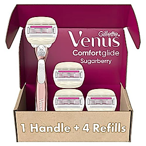 Gillette Venus, Razors for Women, Comfortglide, Womens Razor, Olay Sugarberry, Venus Razor Refills for Women, Rose Gold Metal Handle + 4 Blade Refills, Razor Blades, Razors, Womens Razors for Shaving
