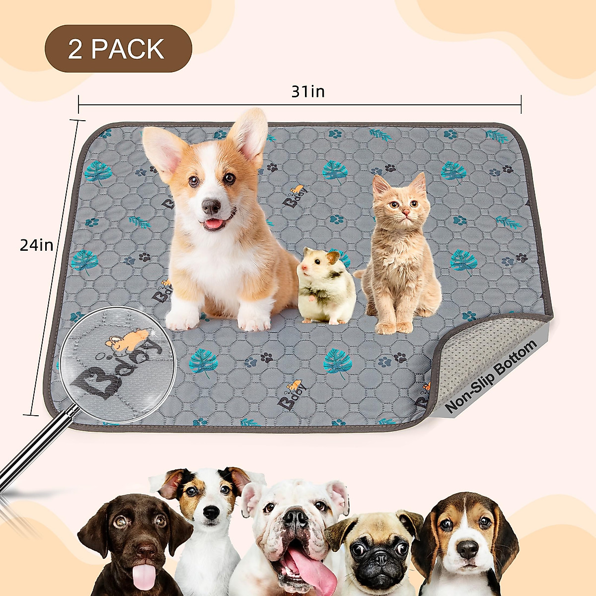 Bregdosy Super Absorbent Washable Pee Pads for Dogs Large 31"x24",2Pack Reusable Dog Pee Pads, Non-Slip and Leak-Proof Potty Pads,Puppy Pads Pet Training Pads for Whelping,Potty Training…