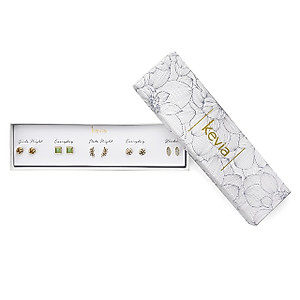 Kevia Set of 5 Stud Earrings in Gold with Green Gemstone, CZ & Leaf & Knot Accents