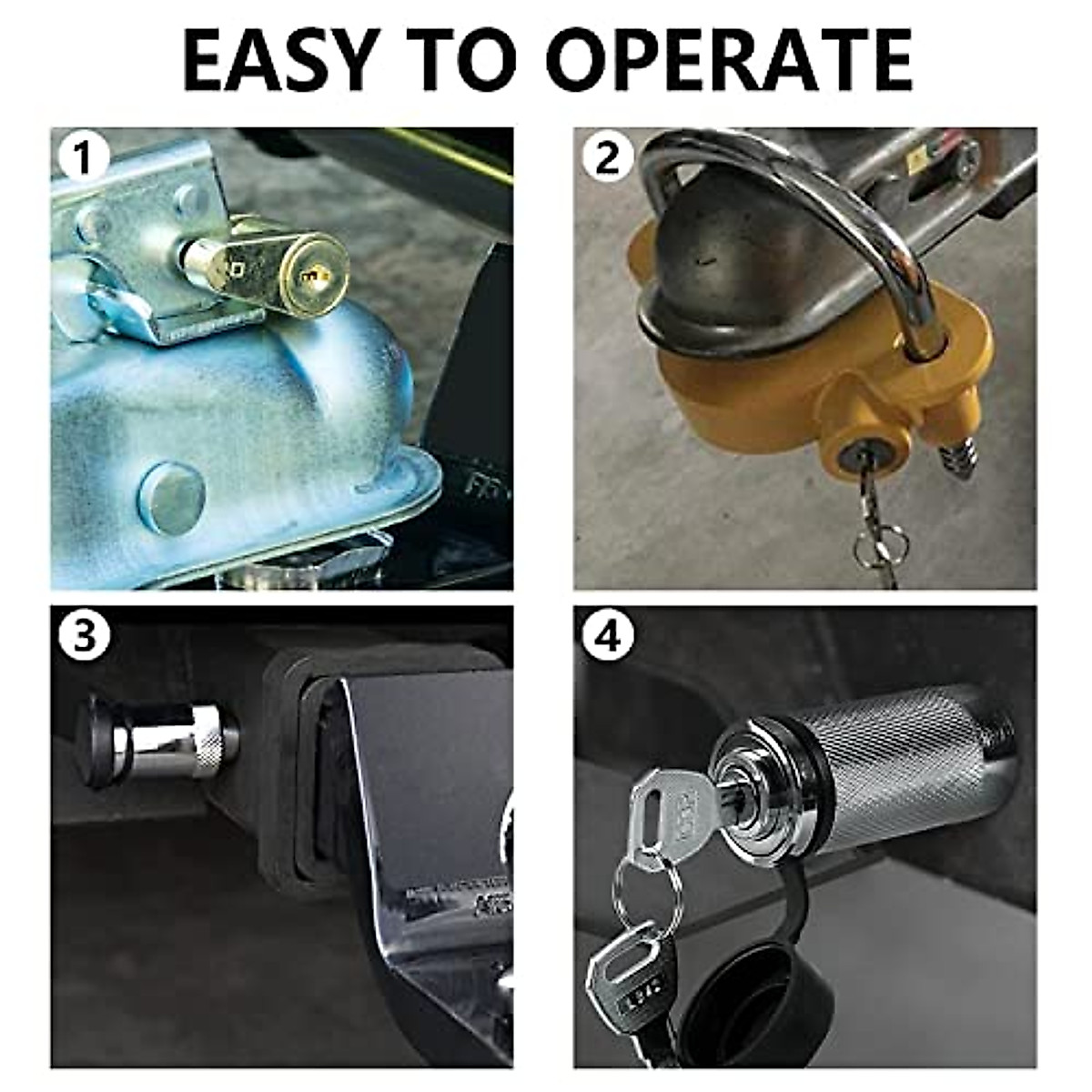 Trailer Hitch Security Lock Set Including Yellow U-Shaped Universal Ball Hitch Lock #72783, 1/2" and 5/8" Receiver Hitch Pin Lock, Golden Trailer Hitch Lock Coupler Locking Pin, Share the Same 2 Keys