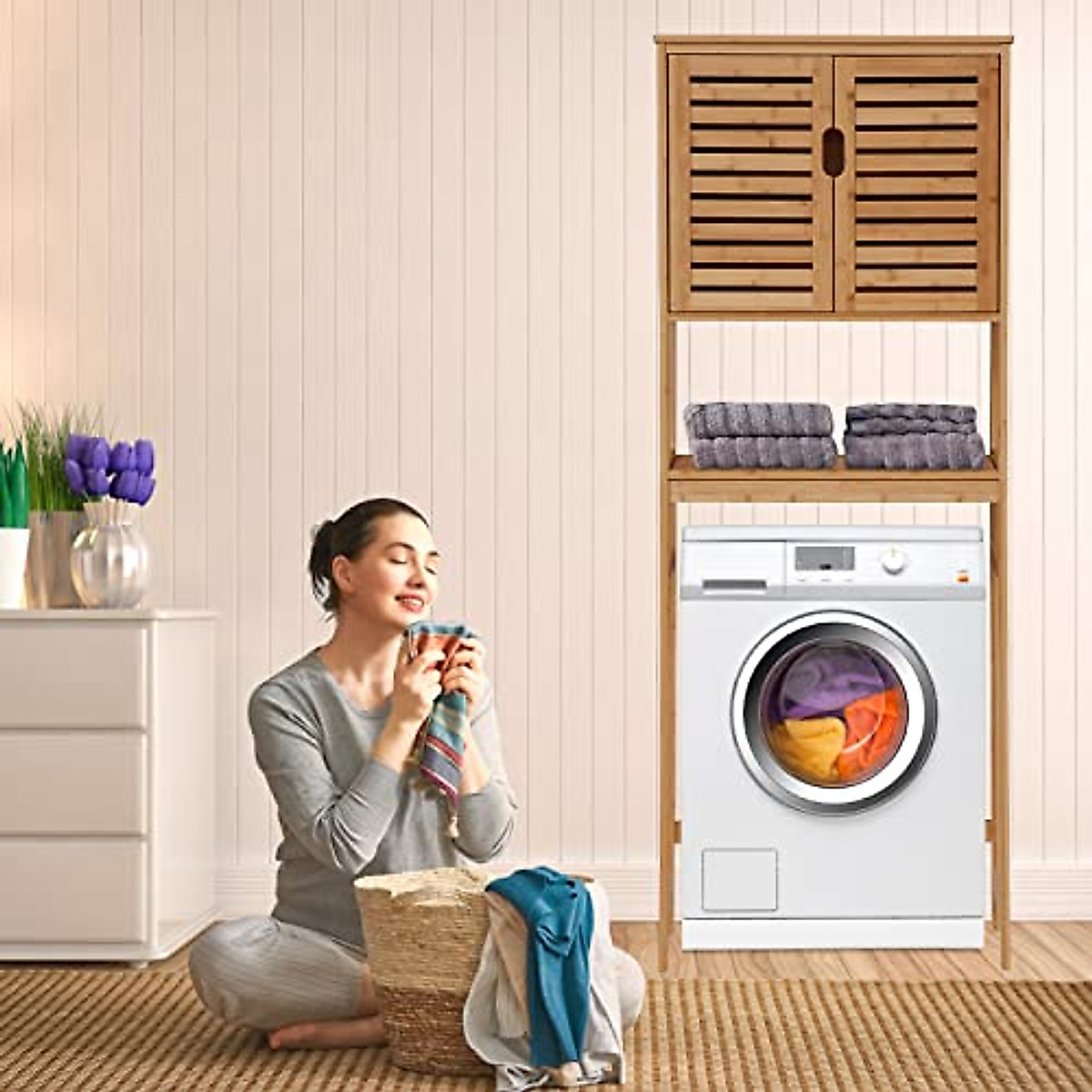 Kinfant Over The Toilet Storage Cabinet - with Adjustable Shelf and 6 Hooks Space Saver Double Door Organizer, Natural