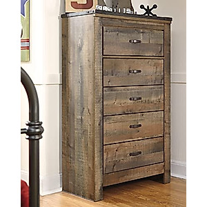 Signature Design by Ashley Trinell Rustic 5 Drawer Chest of Drawers with Nailhead Trim, Warm Brown