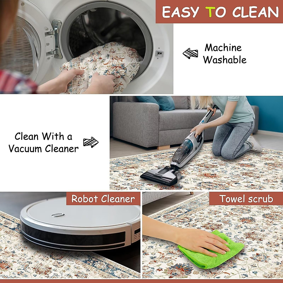 ZCXDSX Area Rug 7x9 Washable Boho Living Room Rug Floral Print Large Rug Indoor Soft Distressed Foldable Carpet Thin Rug Bedroom Dining Room Office Farmhouse 7x9 FT