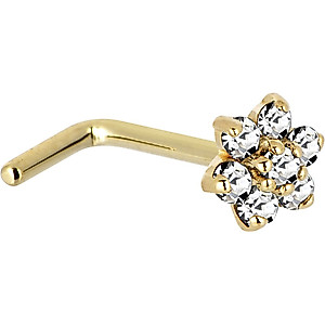 Body Candy Solid 14k Yellow Gold Clear Cubic Zirconia Flower LShaped Nose Stud Ring 18 Gauge