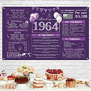 Crenics Purple 60th Birthday Decorations for 1964, Back in 1964 Birthday Backdrop Banner 5.9 x 3.6 Ft, 60 Years Old Birthday Party Supplies for Women
