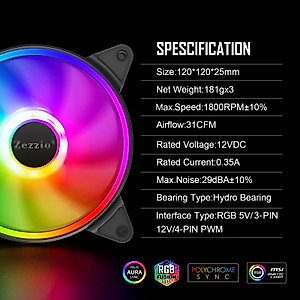 Zezzio 3PCS 120mm Addressable RGB PWM Case Cooling Fan for PC Cases with Controller(3pcs 12cm)