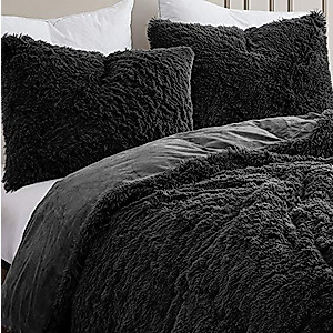 Sweet Home Collection Plush Shaggy Comforter Set Ultra Soft Luxurious Faux Fur Decorative Fluffy Crystal Velvet Bedding with 2 Shams, King, Black