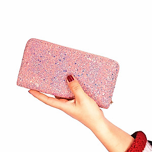 Laimi Duo Women Sparkle Pink Glitter Wallet RFID Blocking Purse Multi Card Organizer Evening Clutch for Teen Girls