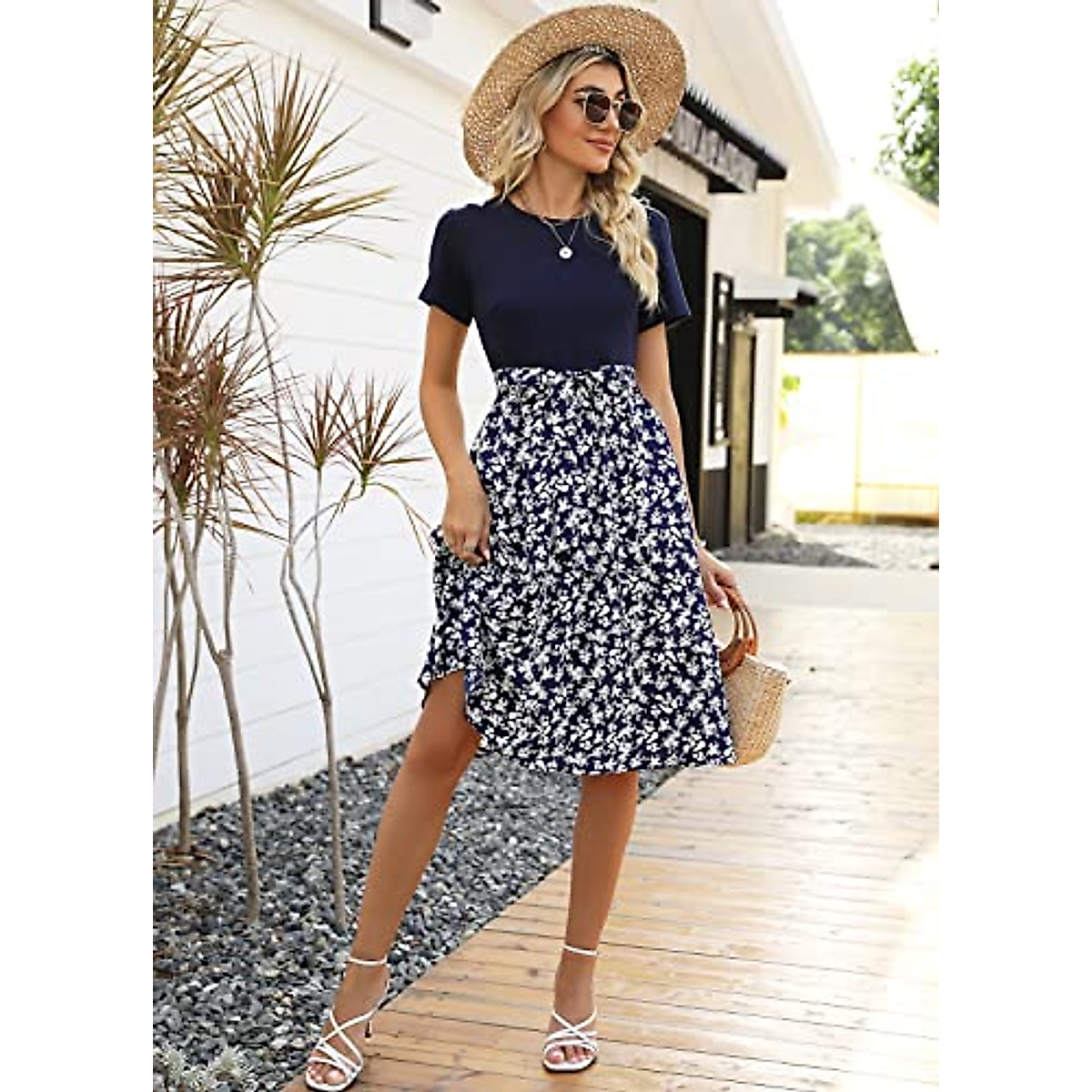 Berydress Knee Length Dress for Women Summer Casual Short Sleeve Modest A-Line Belt Party Work Dress with Pockets (S, 6188-Navy Floral)