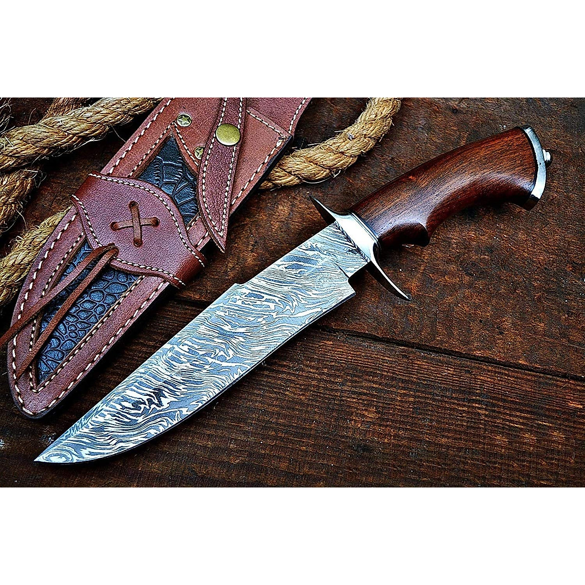 BIGCAT ROAR Handmade Damascus Hunting Knife - Bushcraft Fixed Blade Hunting Knife with Sheath and Walnut Wood Handle - 14.4″ EDC Skinning Knife - Hard Rock