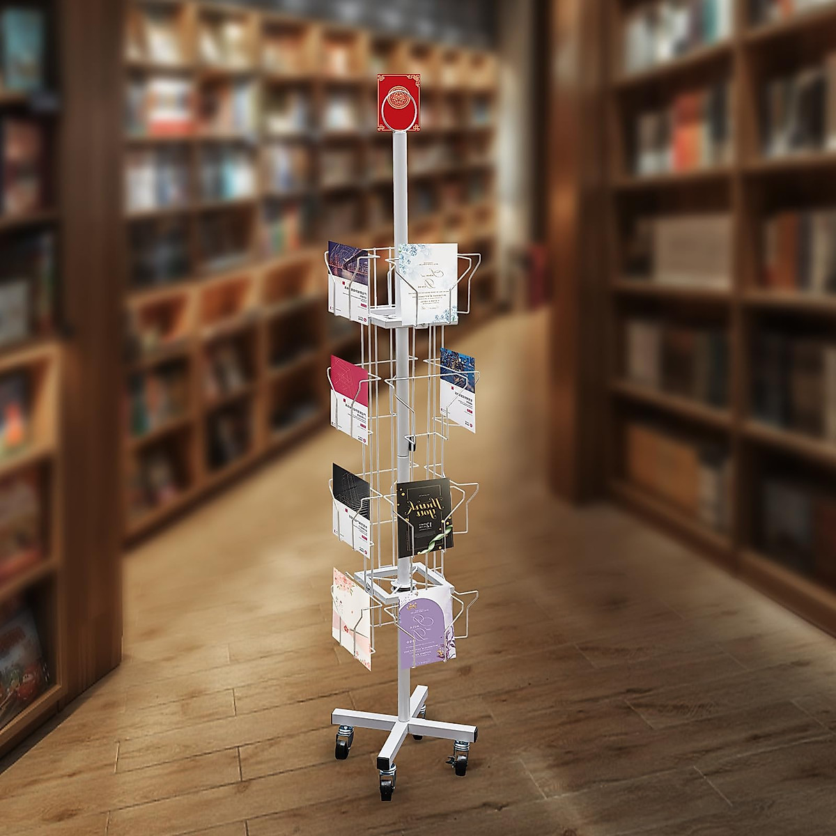 Vintoro Storage Stand Assistant, 360° Rotating Greeting Card Rack with 4 Universal Wheels,16-Pocket Display Stand Spinning, 31.5*12.6*5.12in,for Classroom Office Library Craft Show, White