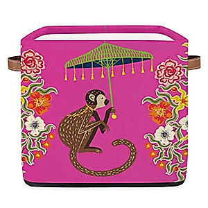 Storage Cube Bins Vintage Monkey Chinoiserie Umbrella Large Collapsible Storage Basket with Handle Decorative Storage Boxes for Toys Organizer Closet Shelf Nursery Kid Bedroom,13x13x13