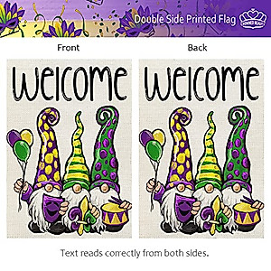 CROWNED BEAUTY Mardi Gras Gnomes Garden Flag for Outside 12x18 Inch Double Sided Small Burlap welcome Yard Outdoor New Orleans Carnival Celebration CF694-12