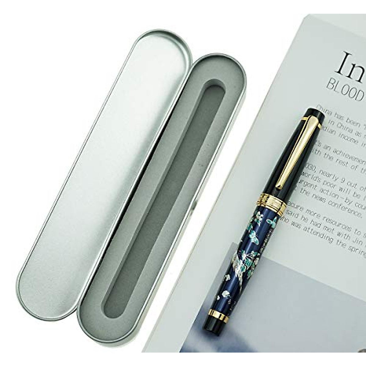 Hongdian Fountain Pen Fine Nib Blue Barrel, Cloisonne Painting (Bird, Butterfly and Flower) with Metal Box