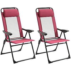 Outsunny Folding Patio Chairs Set of 2, Outdoor Deck Chair with Adjustable Sling Back, Camping Chair with Removable Headrest for Garden, Backyard, Lawn, Red