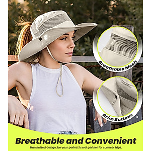 Sun Hat with High Ponytail Hole for Women, UPF 50+ UV Protection Safari Hiking Wide Brim Foldable Waterproof Beach Bucket Hat Beige