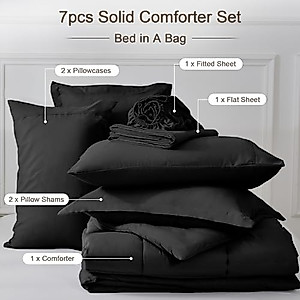 PHF 7 Pieces Queen Comforter Set Black, Bed in a Bag Comforter & 16" Sheet Set All Season, Ultra Soft Noiseless Bedding Sets with Comforter, Sheets, Pillowcases & Shams