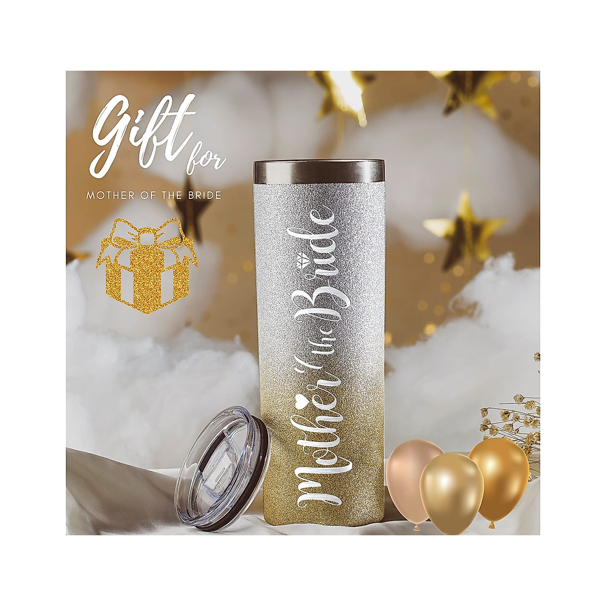Onebttl Mother of The Bride Gifts, 20oz Stainless Steel Skinny Tumbler with Lid and Straw On Wedding Party for Brides Mom from Brides, Daughters (Glitter Gold)