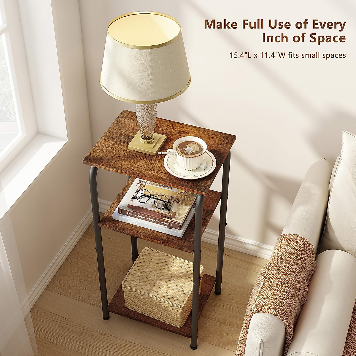 Tajsoon Tall End Table 3 Tier 30 Inch Narrow Side Table with Storage Shelves, Small Table Stand for Small Spaces with Metal Frame, Small Sofa Table for Living Room, Bedroom, Office, Rustic Brown