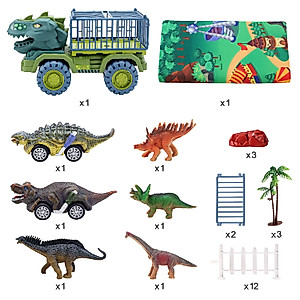 CUTE STONE Dinosaur Truck, Dinosaur Transport Car Carrier Truck with Dinosaur Toys, Friction Powered Cars, Activity Playmat, Dino Car Playset Toys for Kids Boys Grils